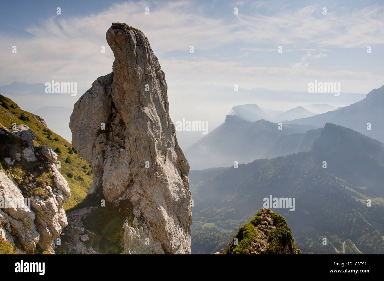 A rock tower on the Dent de Crolles in the Chartreuse range near ...