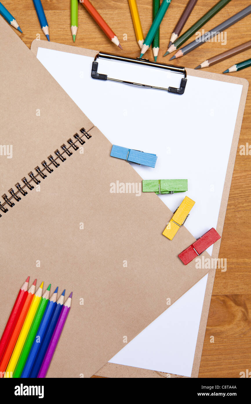 Colored Pencil With Pad And File Stock Photo - Alamy