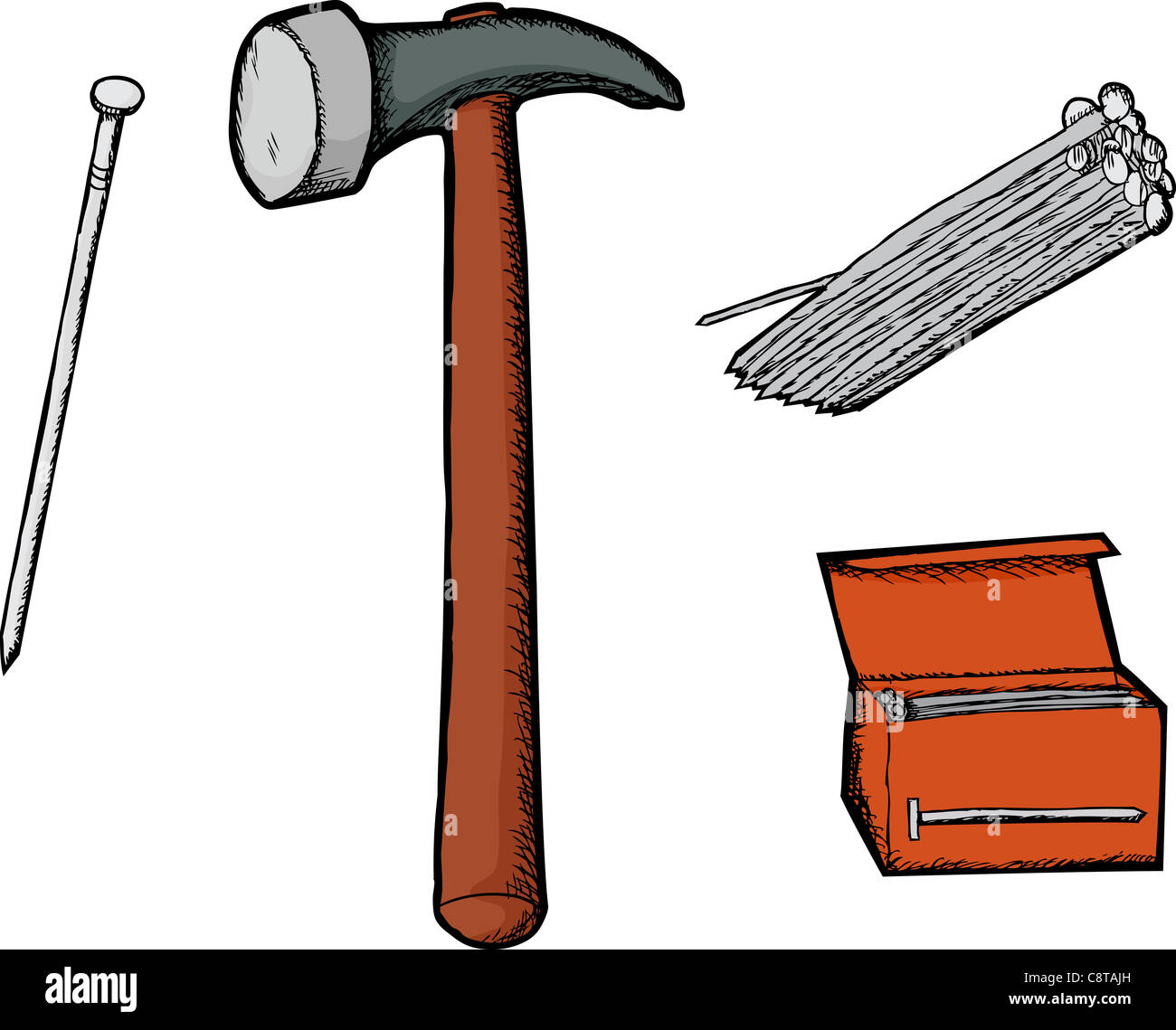 Hammer illustration with single, grouped and boxed nails Stock Photo ...