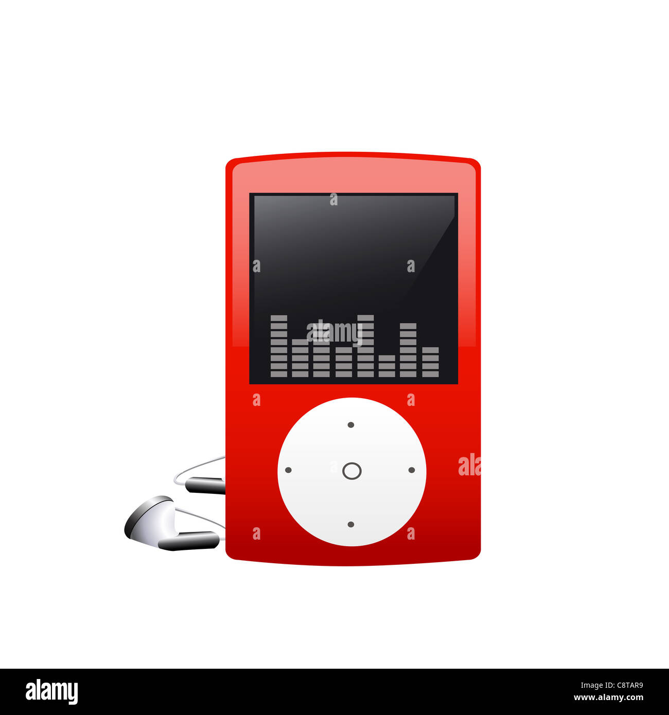 Illustration of red MP3 player and headphones Stock Photo - Alamy