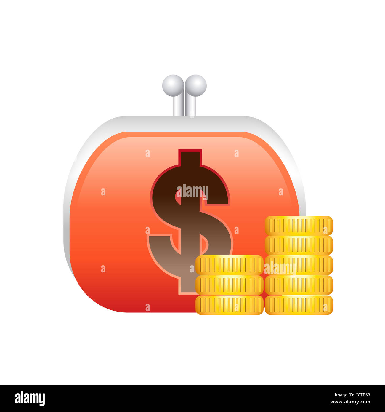 Illustration of change purse with dollar sign on it and stack of coins ...