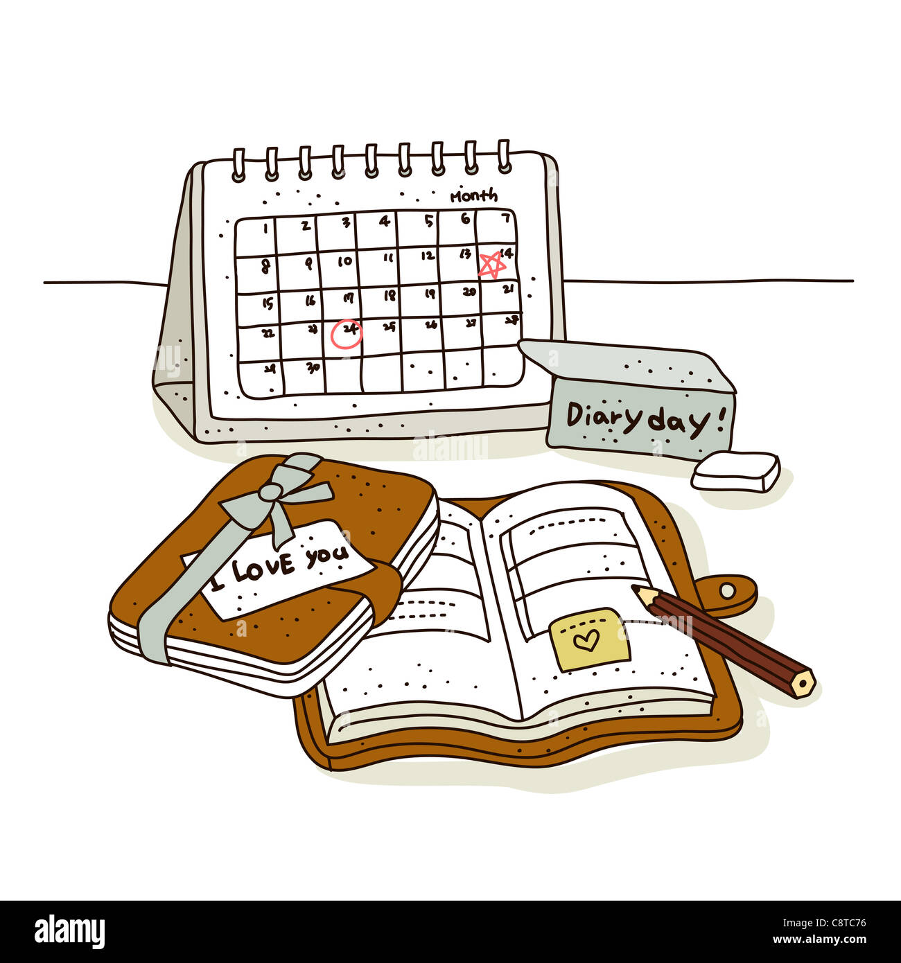 Illustration of calendar, diary and pencil Stock Photo - Alamy
