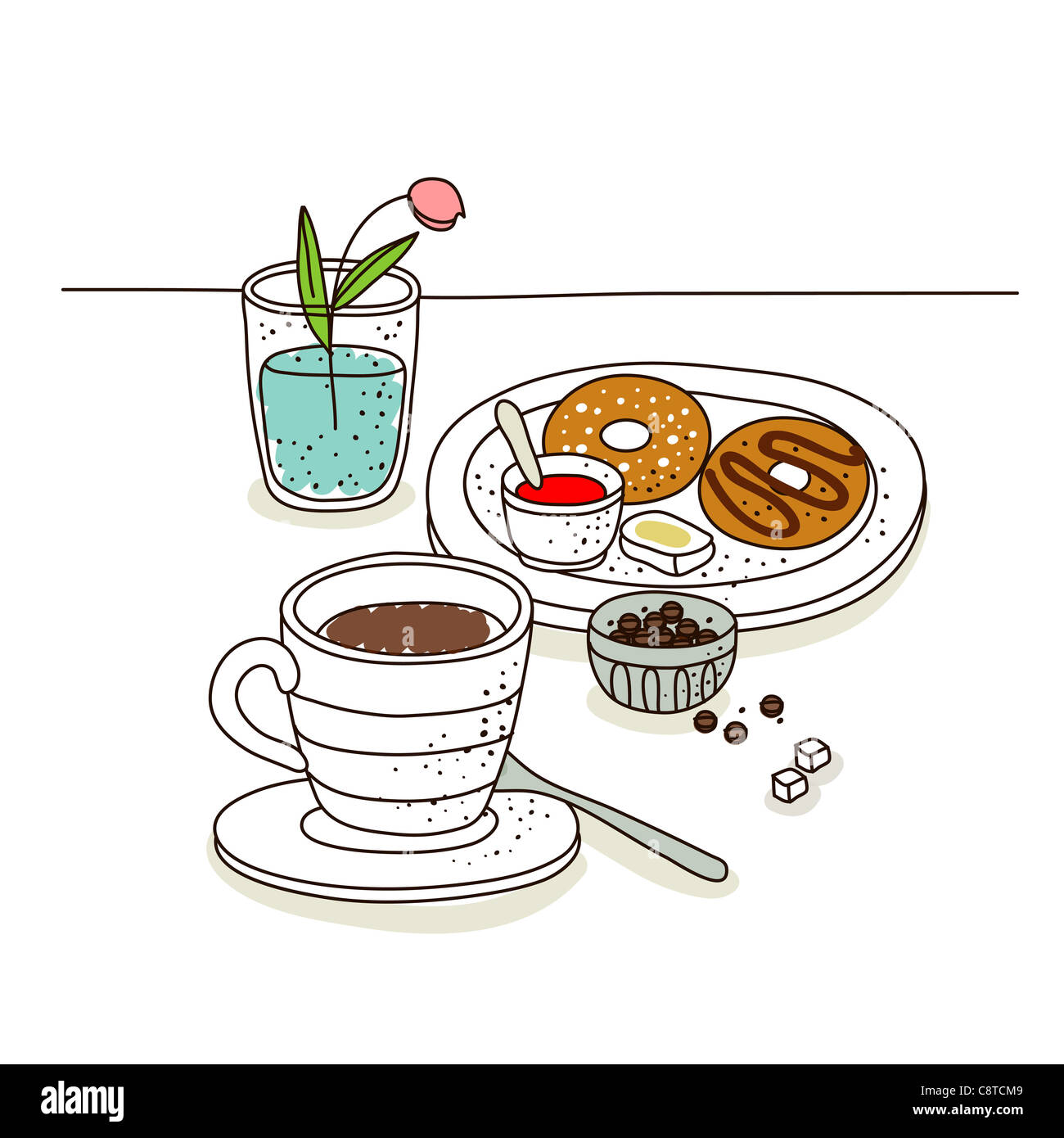 Coffee cup and donut with flower pot in the background Stock Photo - Alamy