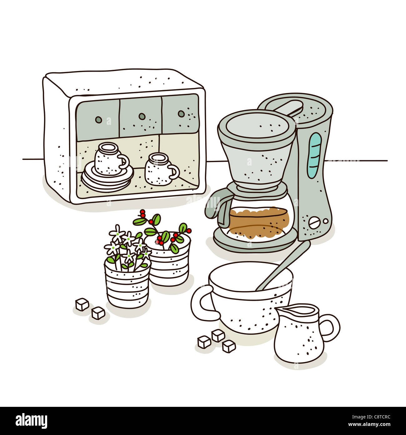 Coffee maker with kitchen appliance on white background Stock Photo - Alamy