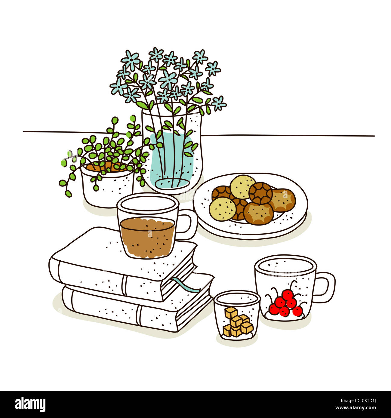 Illustration of breakfast time with books Stock Photo - Alamy