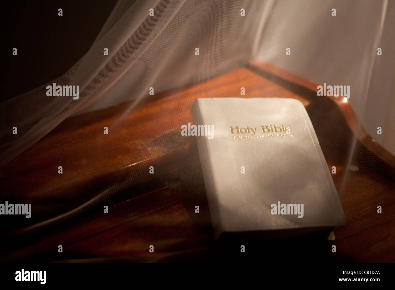 High angle view of Holy bible on desk Stock Photo - Alamy