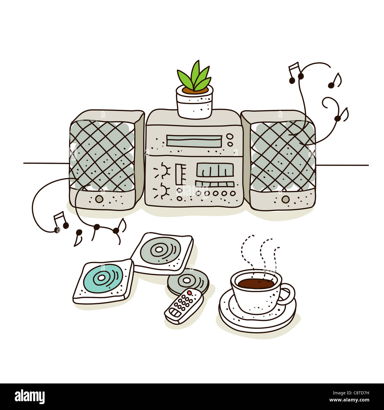 Tea cup and compact disc with stereo system Stock Photo - Alamy