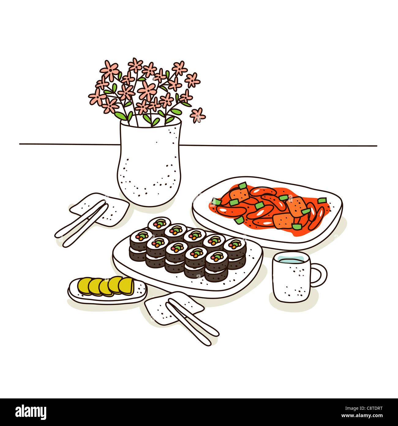 Illustration of food with flowers in the background Stock Photo - Alamy