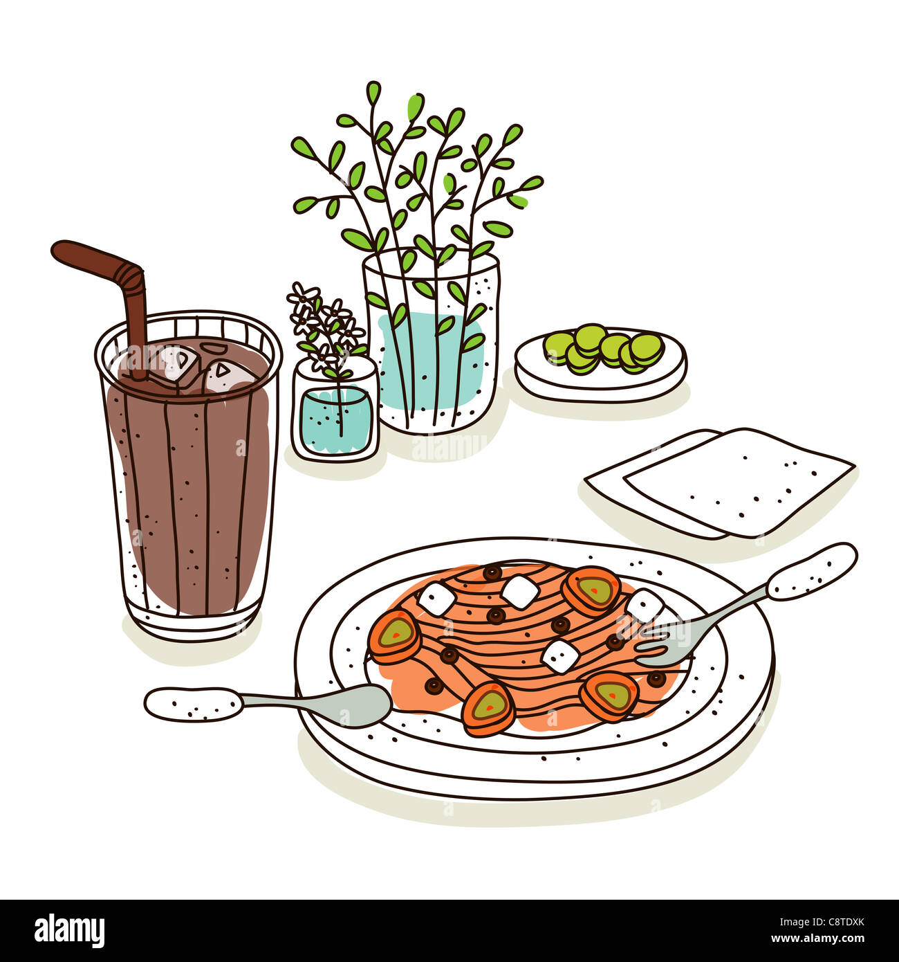 Illustration of food in the plate and refreshment Stock Photo - Alamy