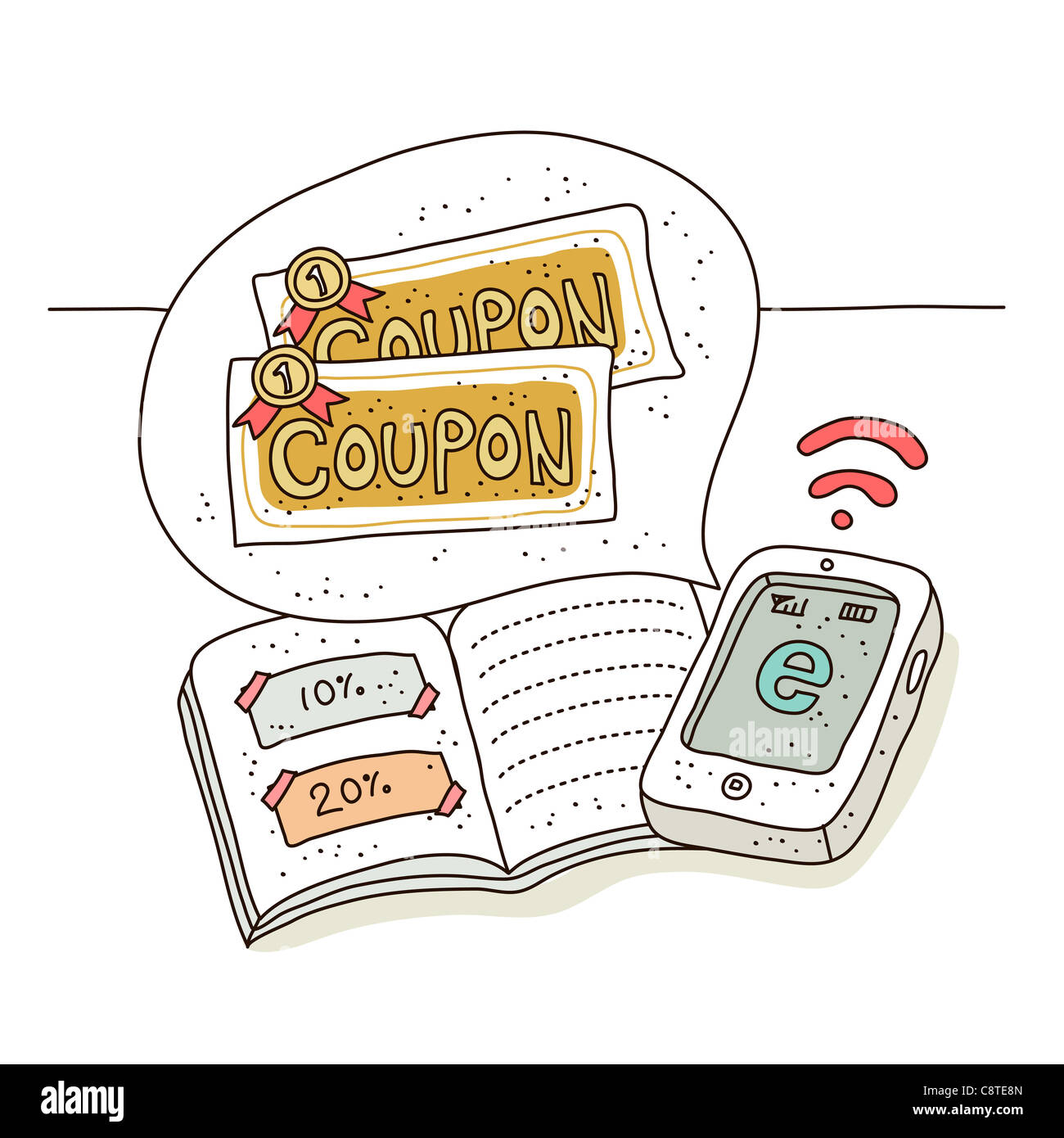 Illustration of cell phone with offer coupons Stock Photo - Alamy