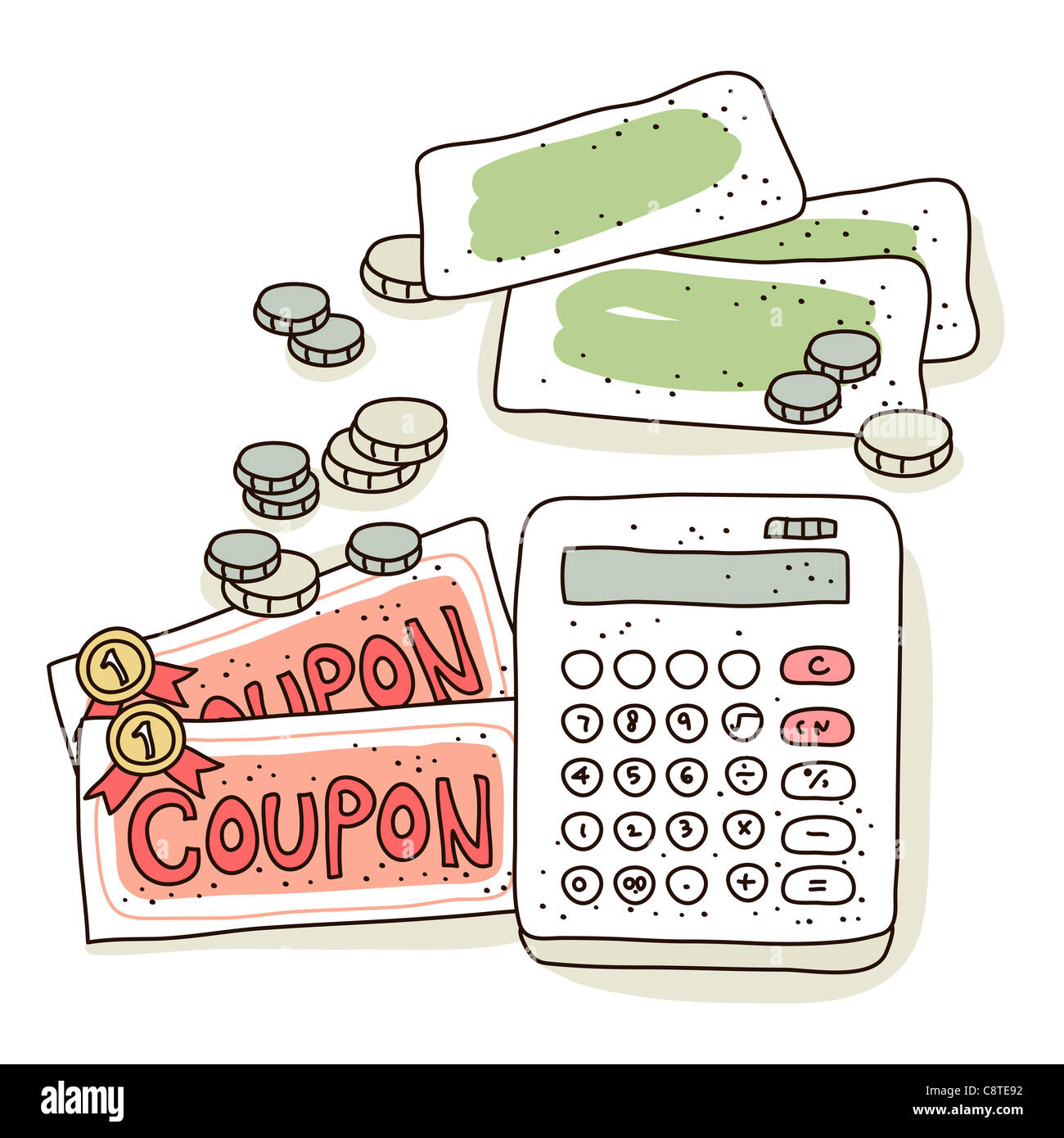 Illustration of calculator with coins and coupons Stock Photo - Alamy