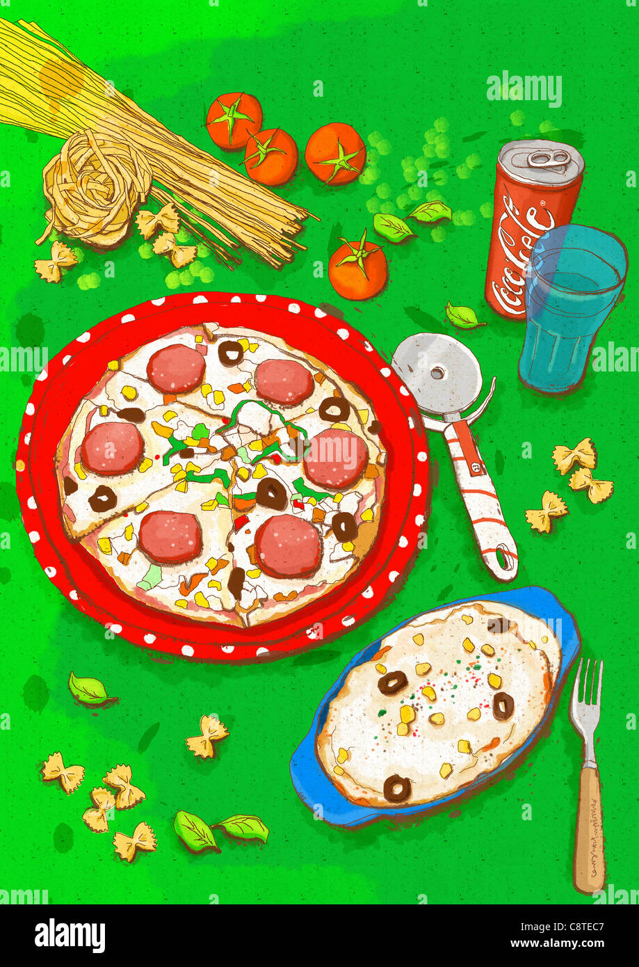 Illustration of pizza, spaghetti and cola Stock Photo - Alamy