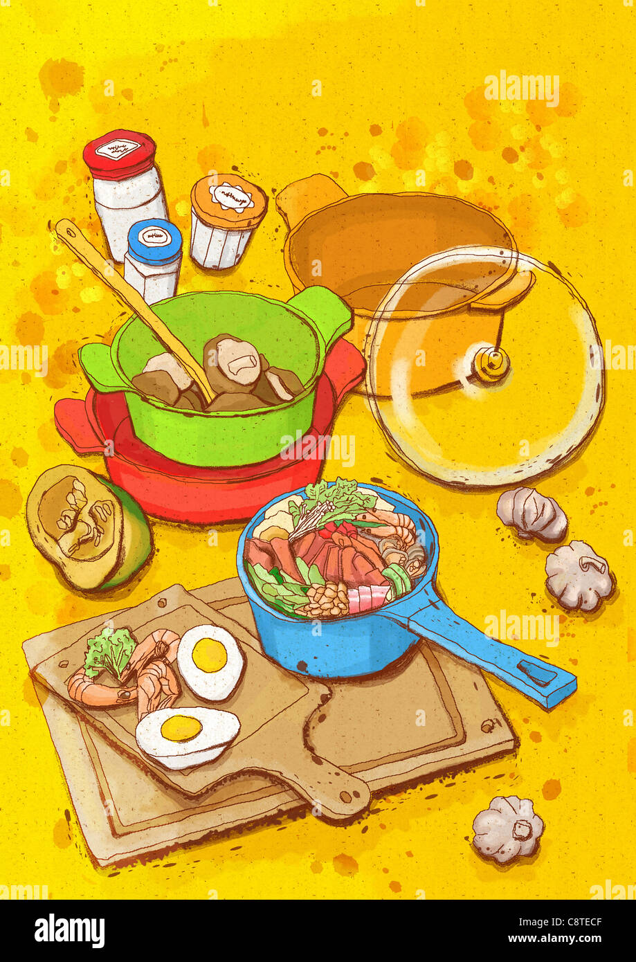 Illustration of food on colored background Stock Photo - Alamy