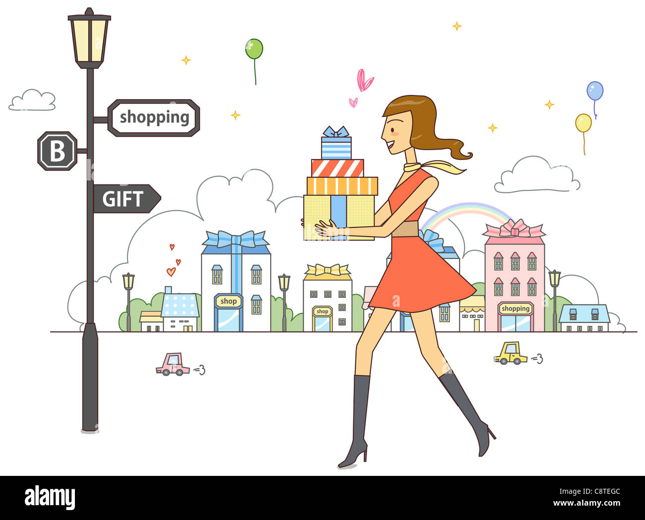 Girl walking with gift boxes Stock Photo - Alamy
