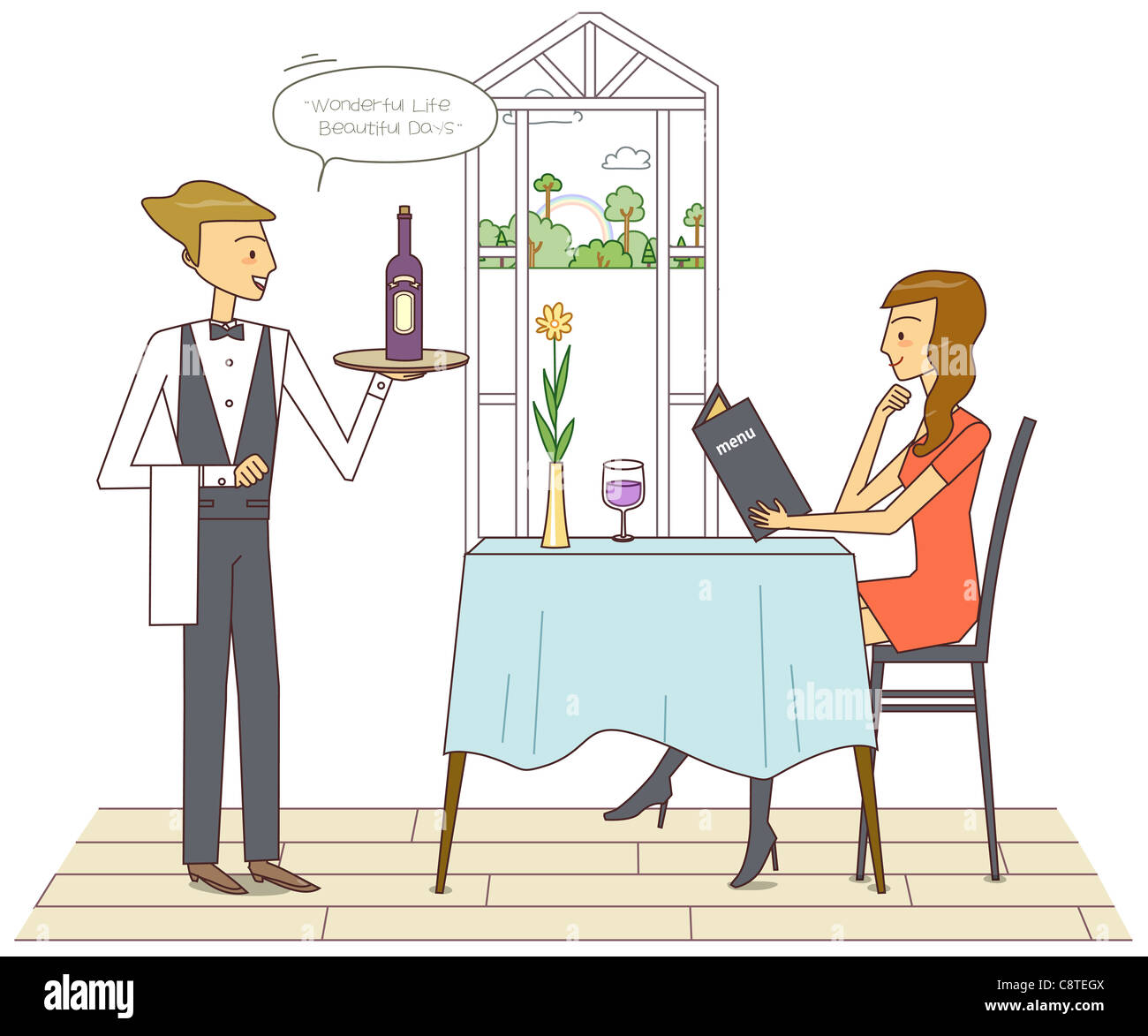 Illustration of waiter serving to the customer Stock Photo - Alamy