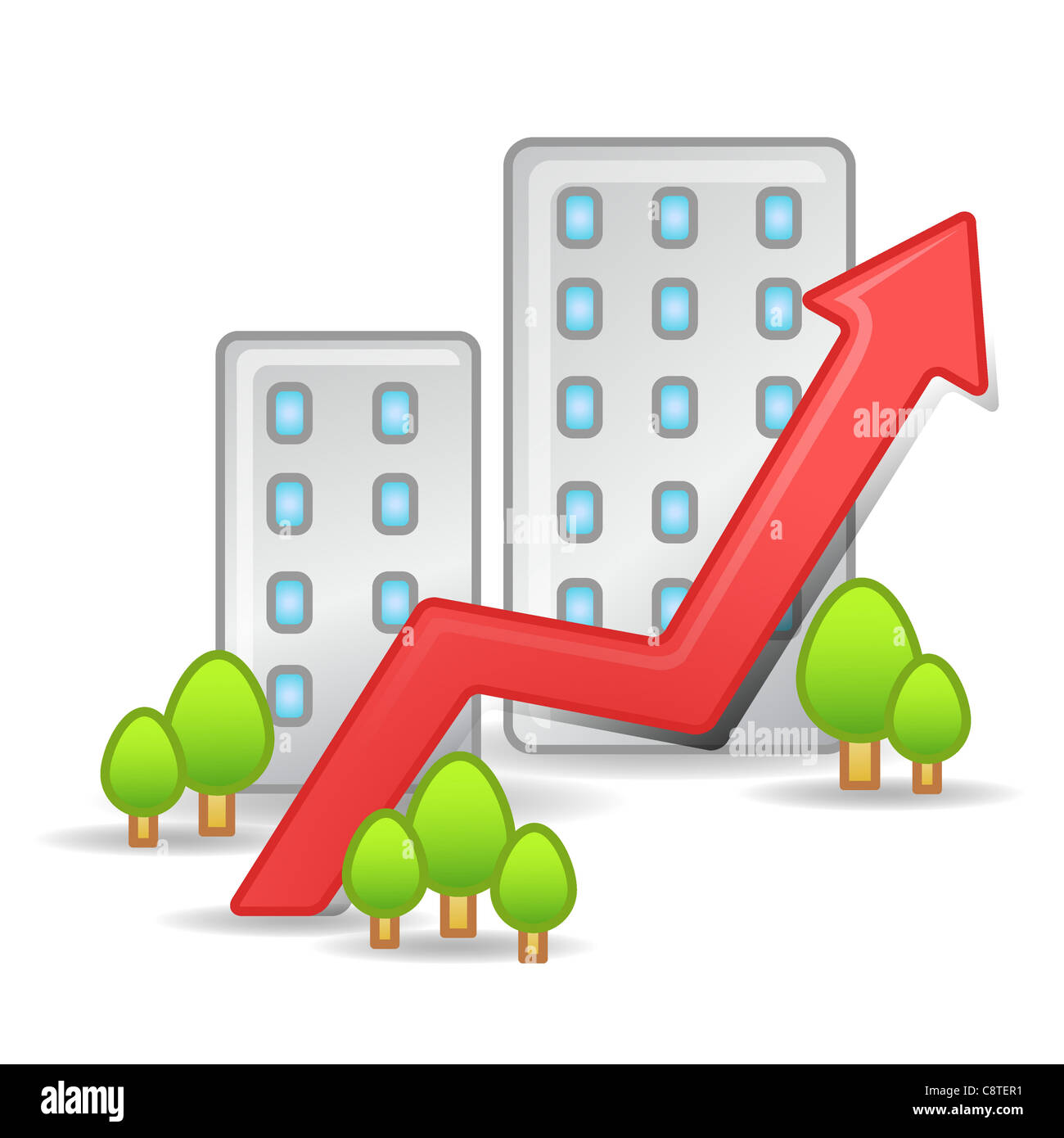 Illustration of arrow sign with buildings Stock Photo - Alamy