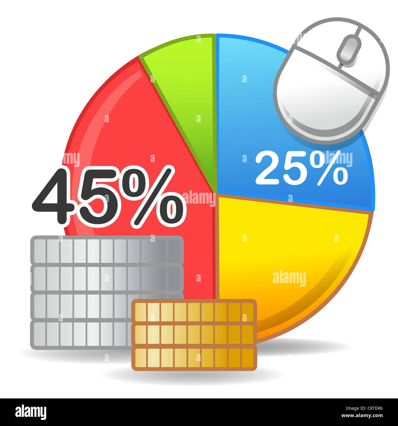 Illustration of pie chart with stack of coins Stock Photo - Alamy