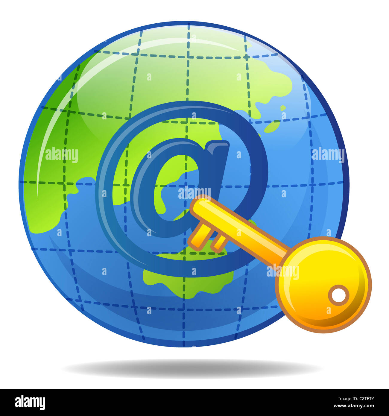 Key on at sign with globe in the background Stock Photo - Alamy