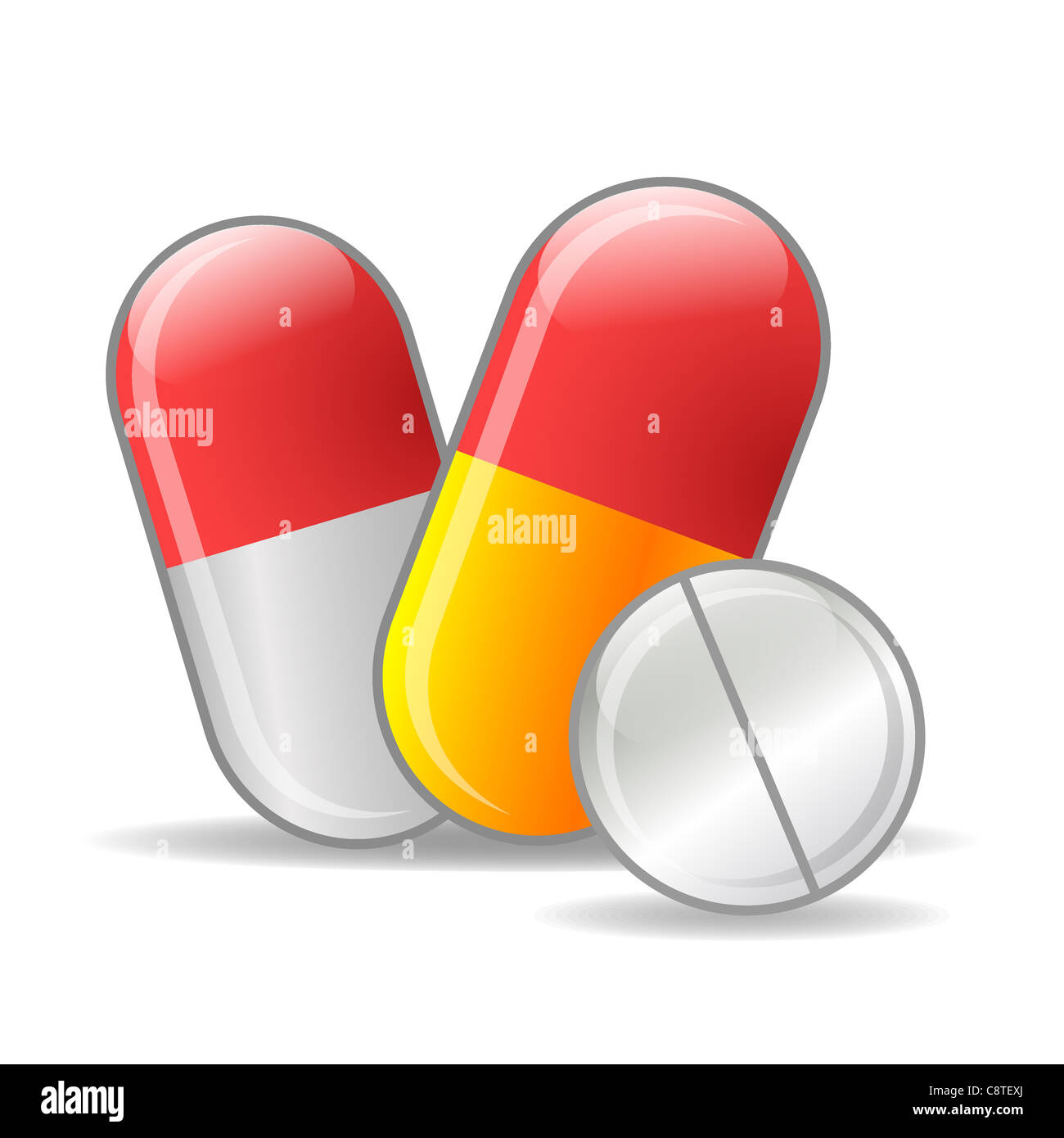 Three pills on white background Stock Photo - Alamy