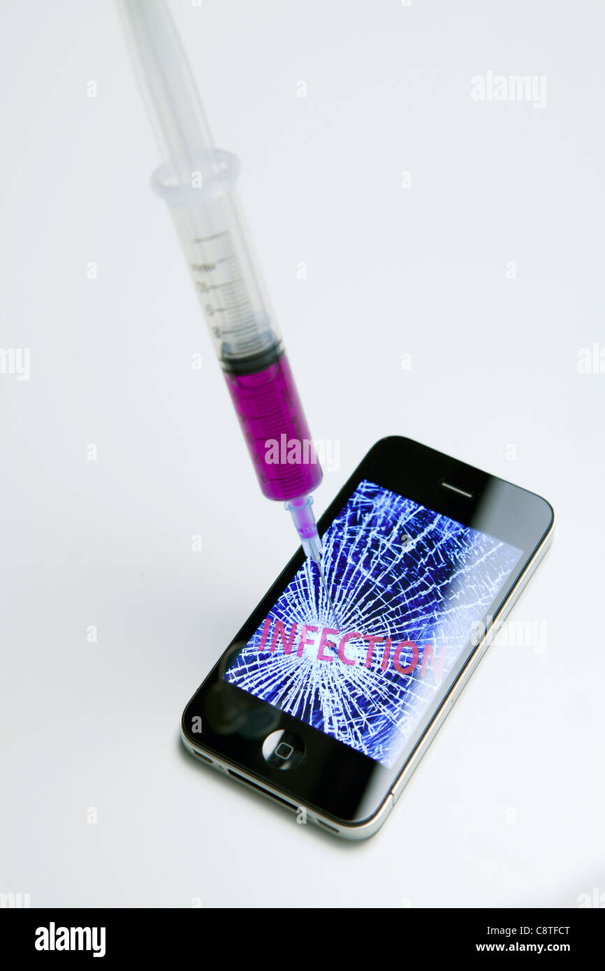 Mobile Phone With Syringe And Infection Stock Photo - Alamy