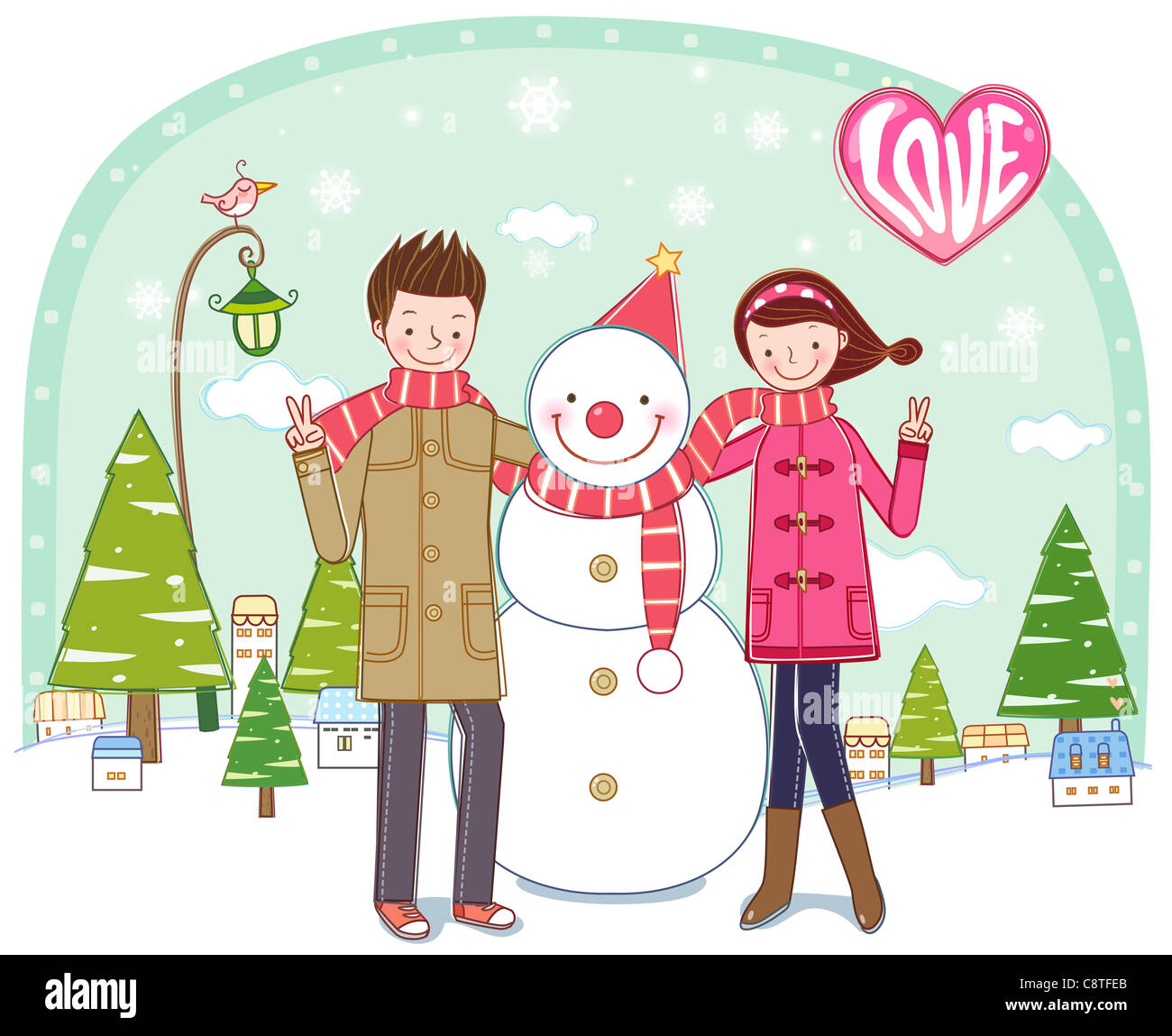 Couple With Snowman Stock Photo - Alamy