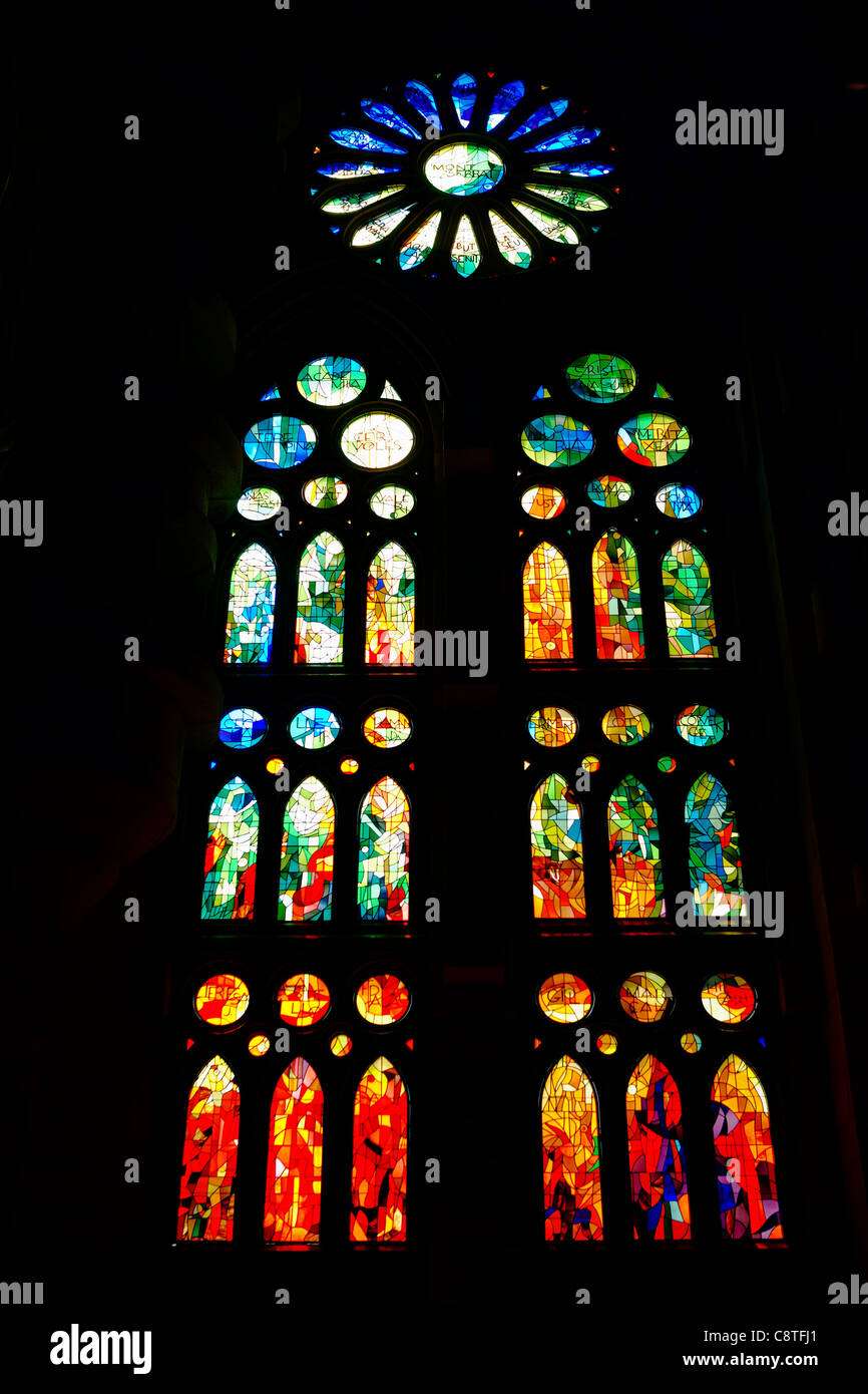 Stained glass windows. Sagrada Familia church, or Expiatory Church of ...