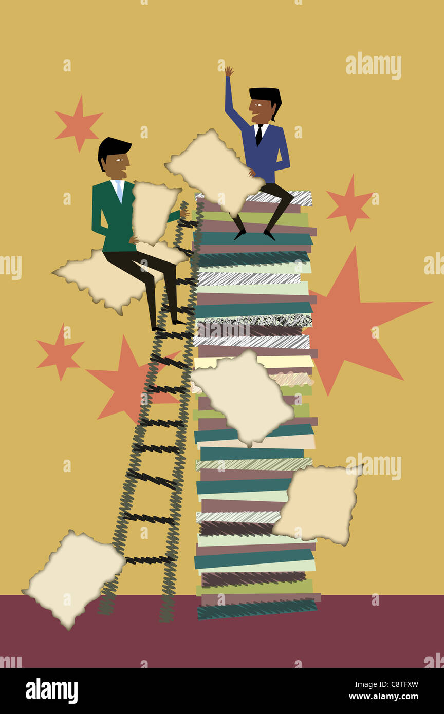 Businessmen Sitting On Stack Of File Stock Photo - Alamy