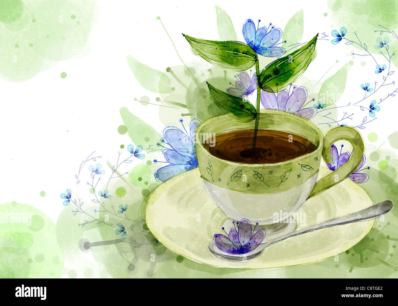Coffee Cup And Spoon On Flora Background Stock Photo - Alamy