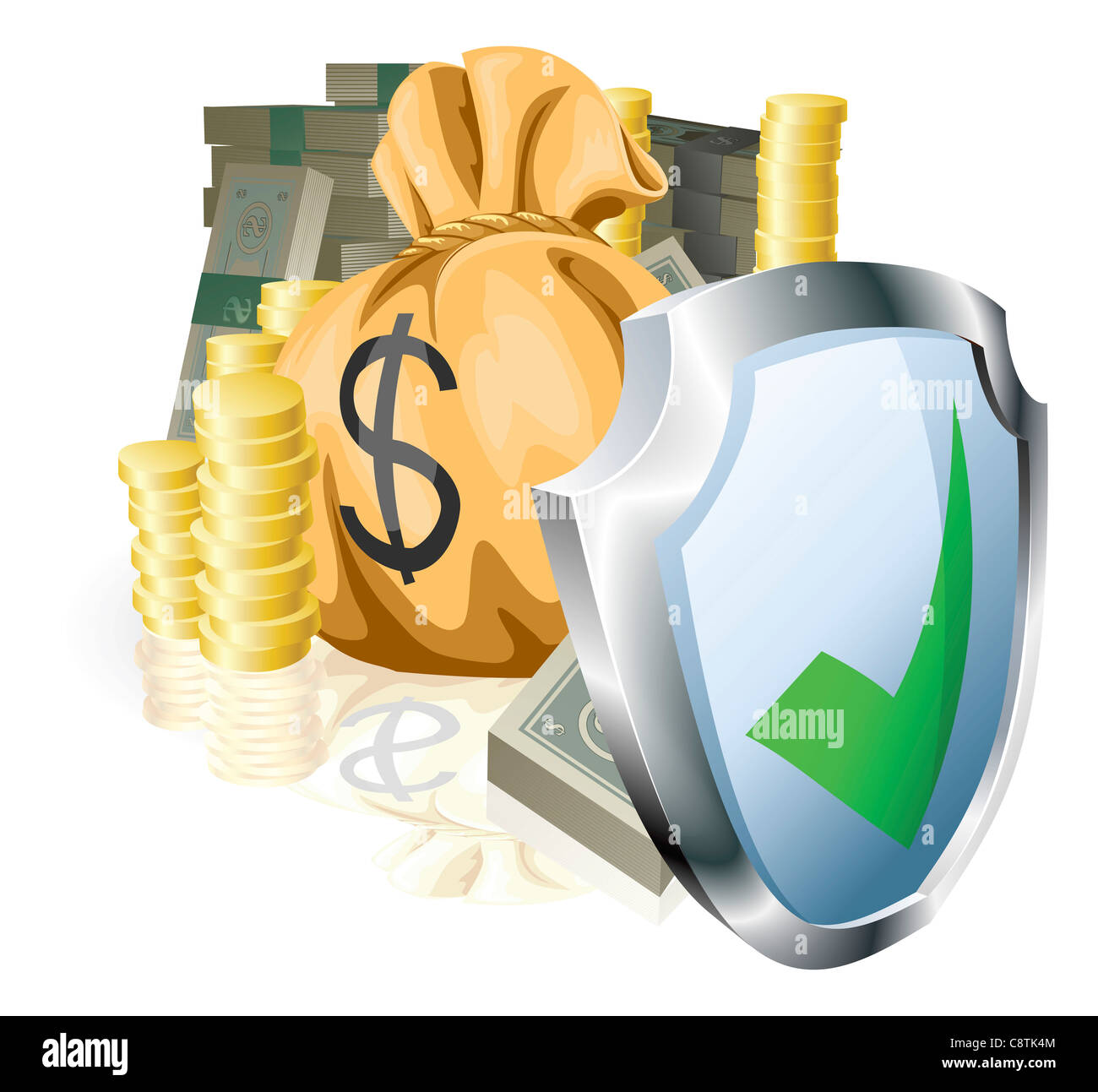 Stacks of money being protected by a shield indicating it is secure or ...