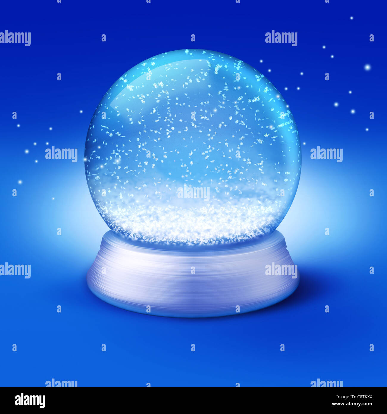 Realistic illustration of an empty snow-dome against a blue background ...
