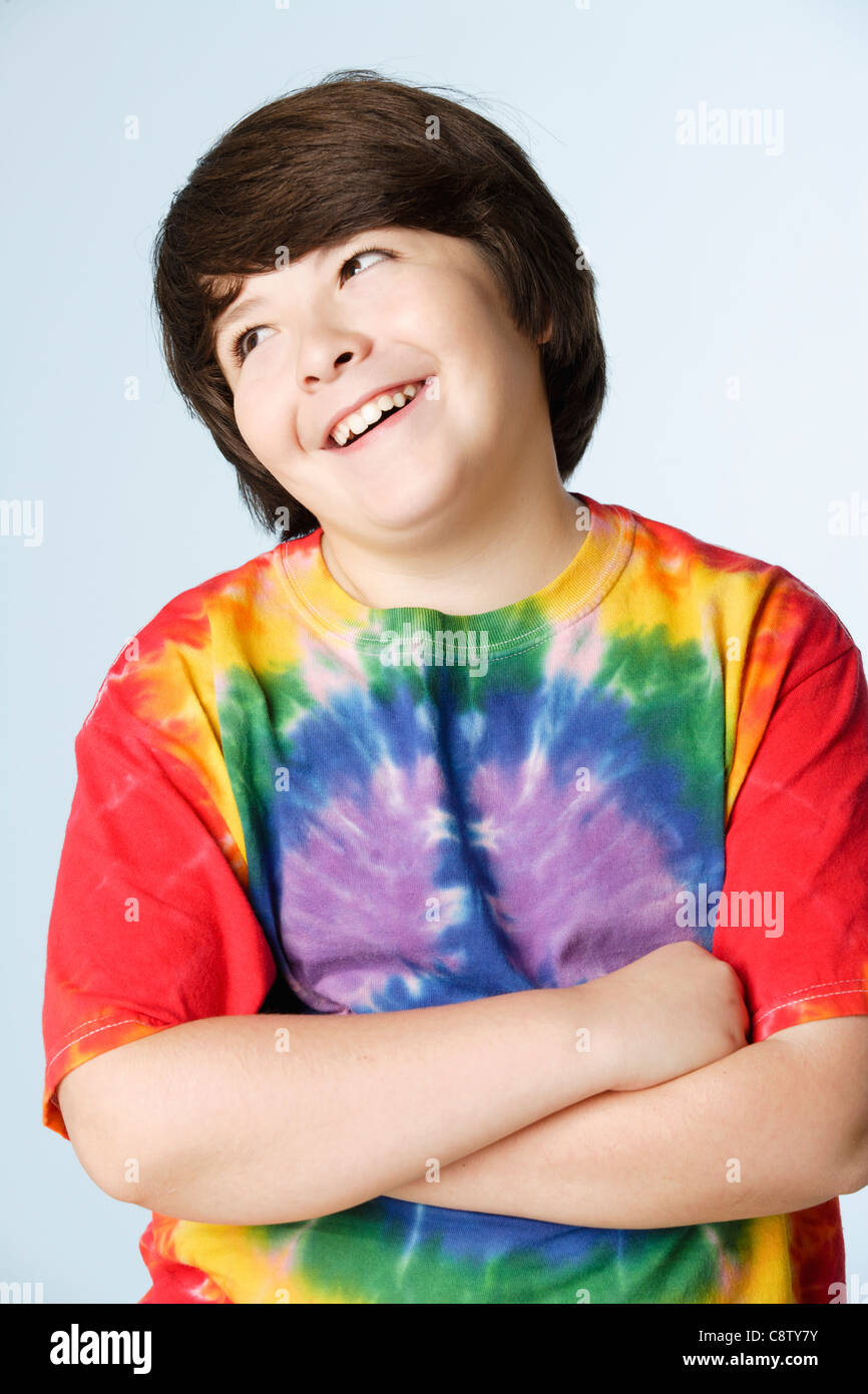 Studio portrait of boy in colorful shirt Stock Photo - Alamy