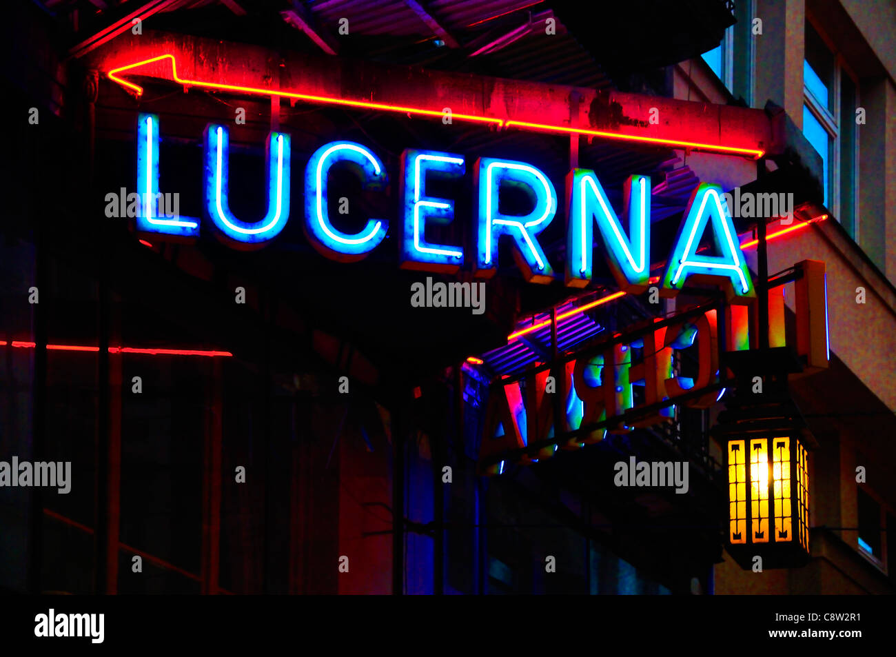 Prague, Czech Republic. Neon sign of the Lucerna Arcade and Cinema at ...