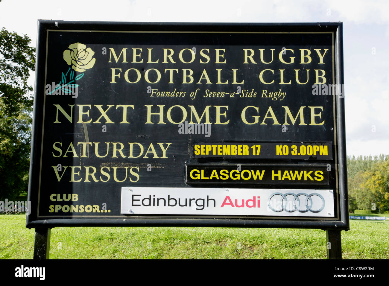 Fixture board at Melrose Rugby Football Club Scottish Borders Stock ...
