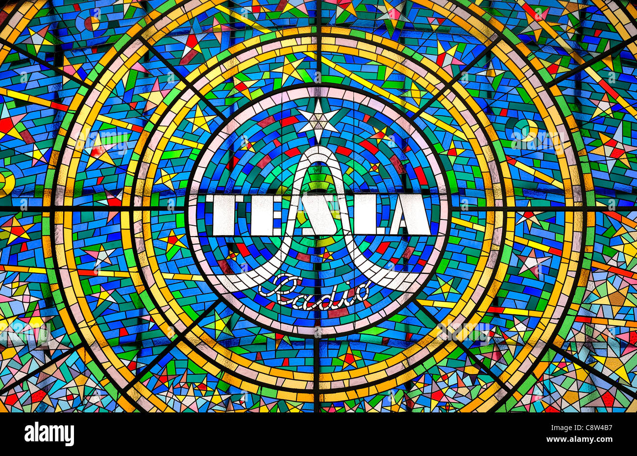 Prague, Czech Republic. Svetozor Pasaz. Stained Glass advertising Tesla ...