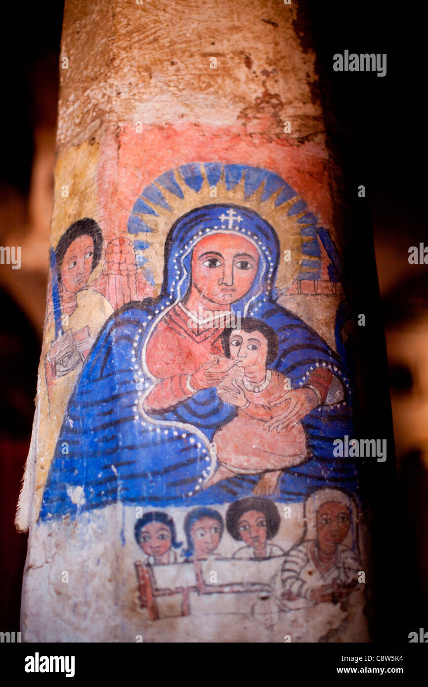 A religious painting on a pillar inside the rock-hewn church of Abraha ...