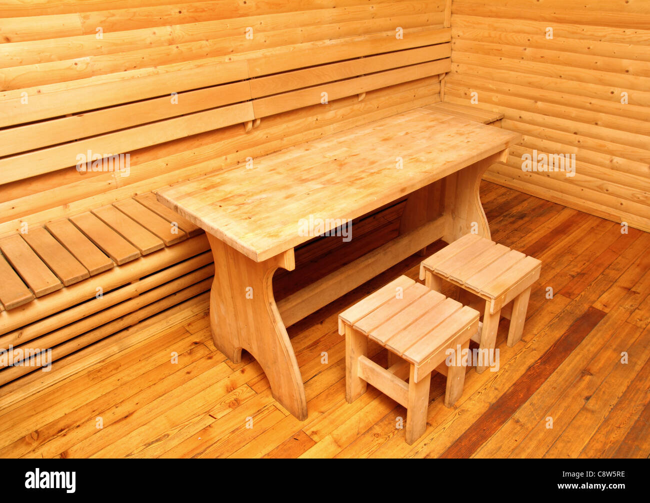 wooden interior with table of sauna rest room Stock Photo - Alamy