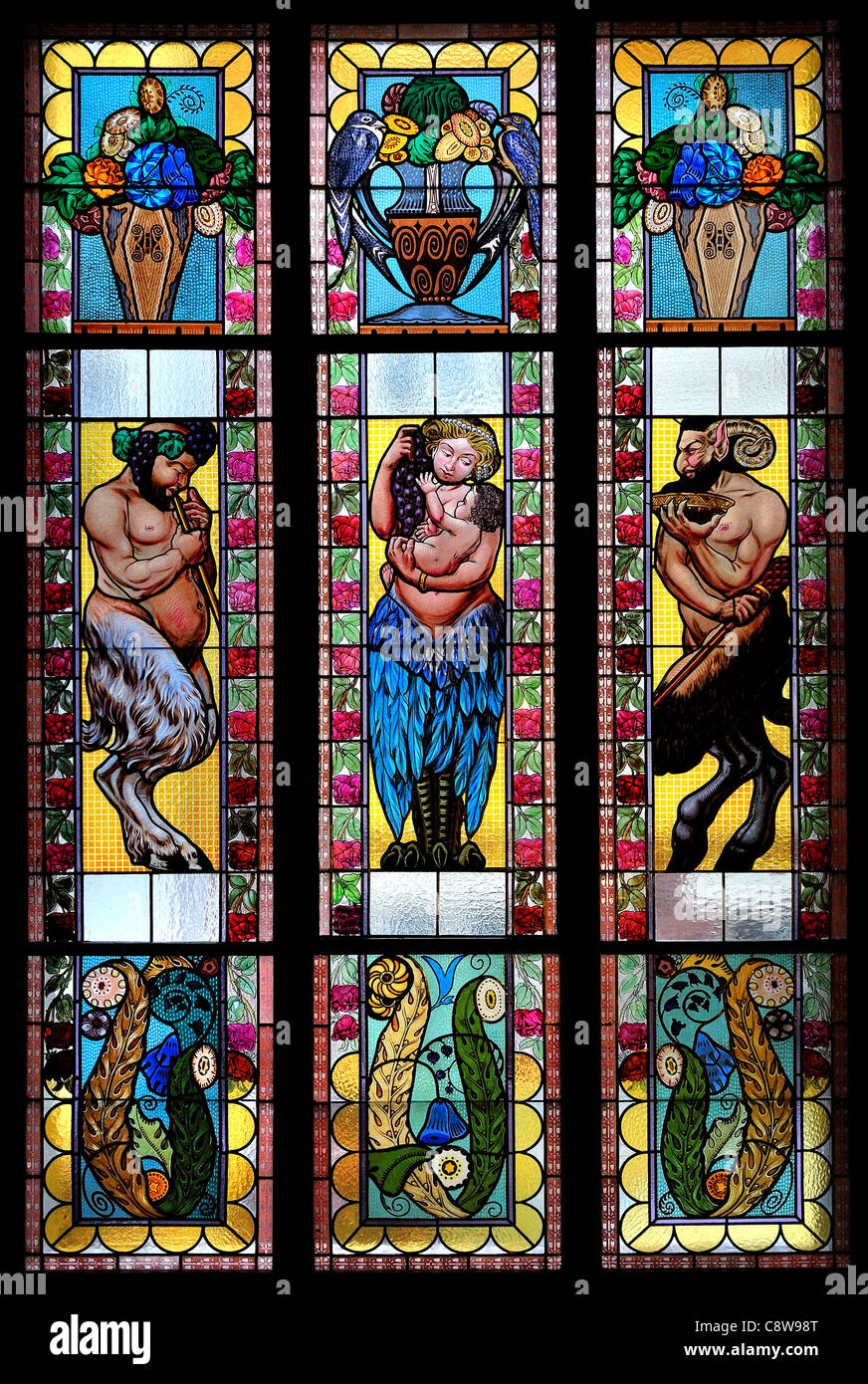 Prague, Czech Republic. Lucerna Palace Arcade. Stained glass window by ...