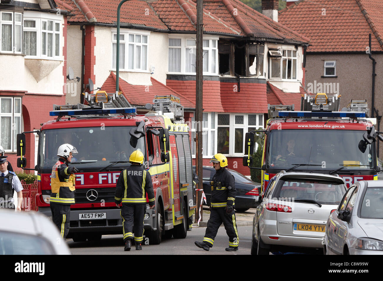 LFB fire engine at the scene of a house fire in Neasden, north London ...