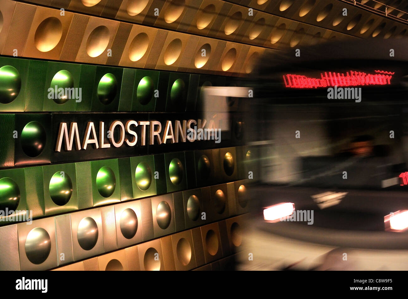 Prague, Czech Republic. Malostranska metro station. Train arriving at ...