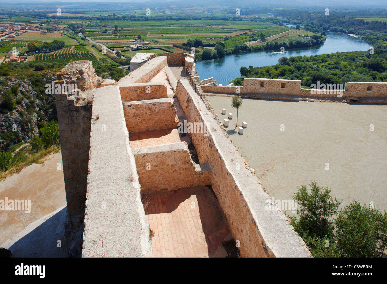 View from Miravet Castle wall towards Ebro river. Miravet village ...