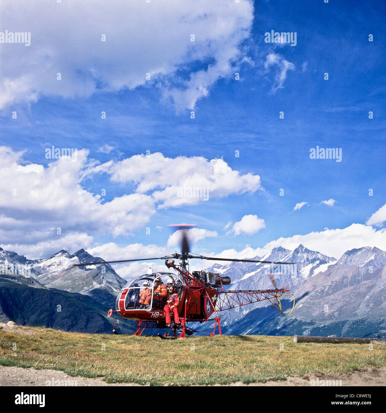 Alouette II rescue helicopter on mountain helipad Zermatt Valais ...