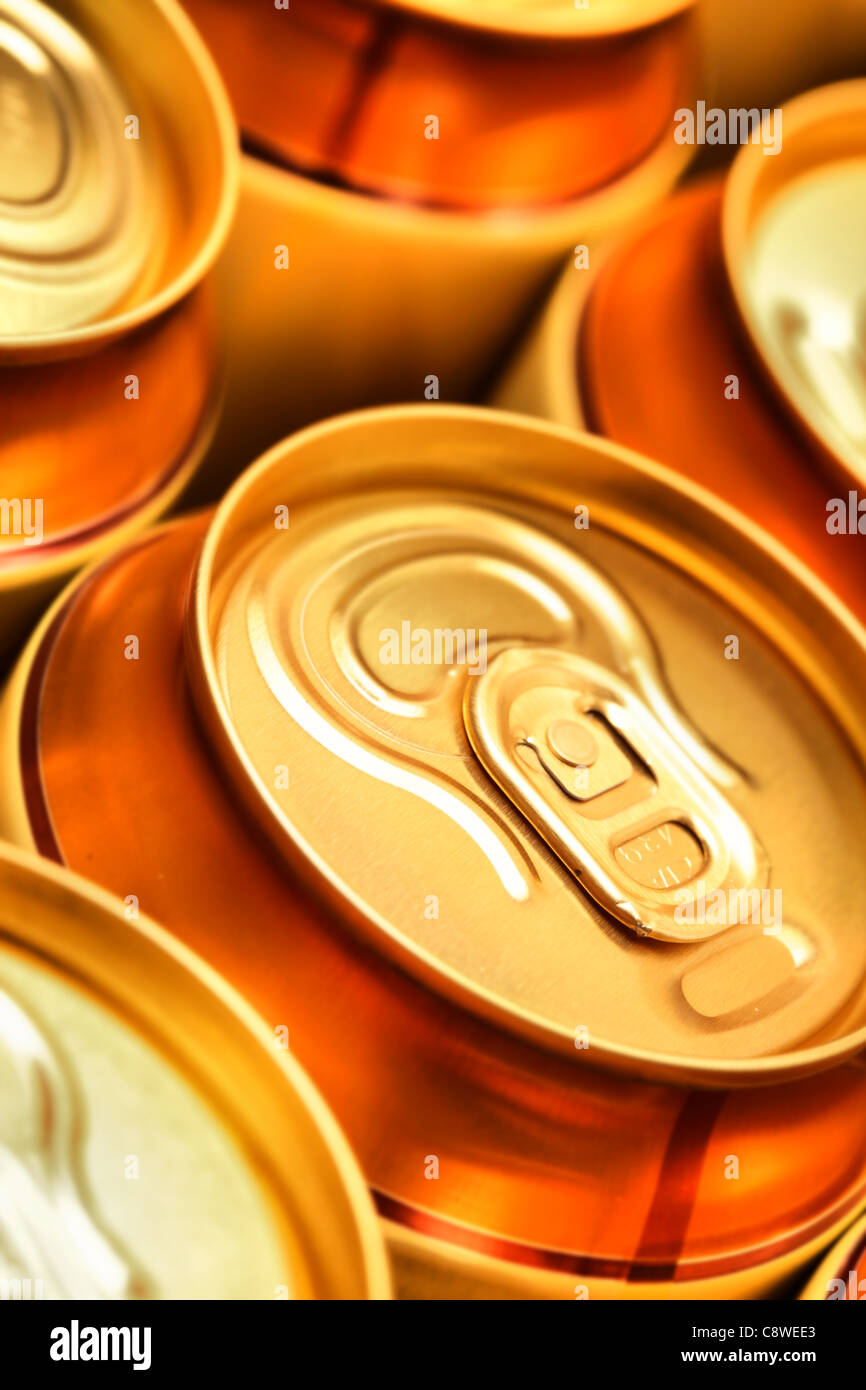 Gold beer cans close up. Shallow DOF! Stock Photo - Alamy