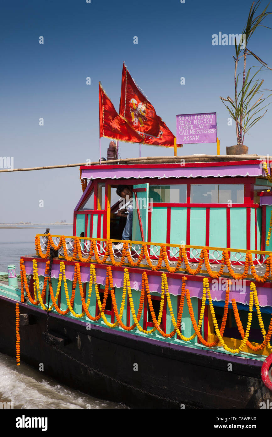 India, Assam, decorated ferry crossing Brahmaputra River from Dibrugarh ...