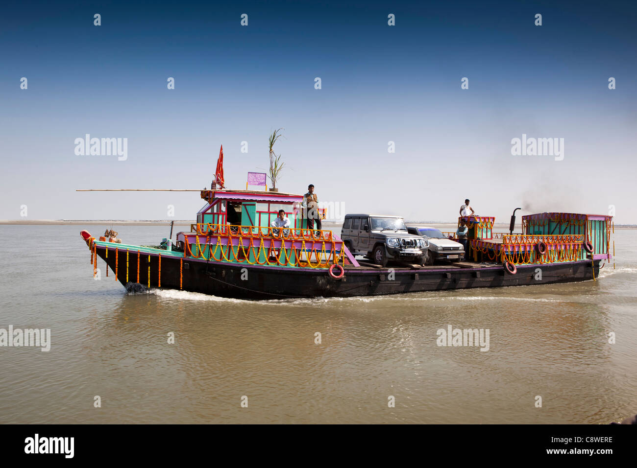 India, Assam, decorated ferry crossing Brahmaputra River from Dibrugarh ...