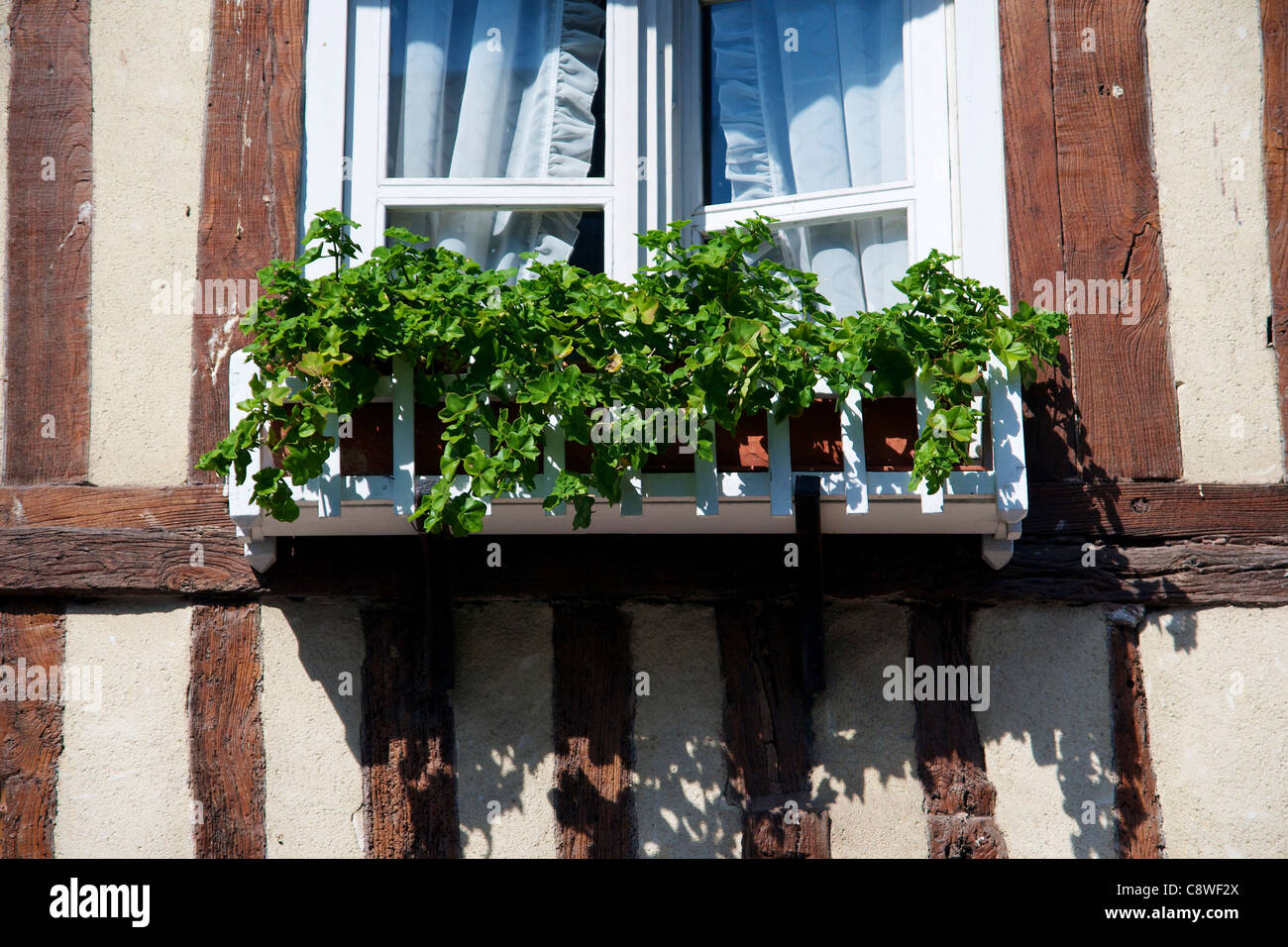 Window of a traditional half timbered house in Beaumont-en-Auge with ...