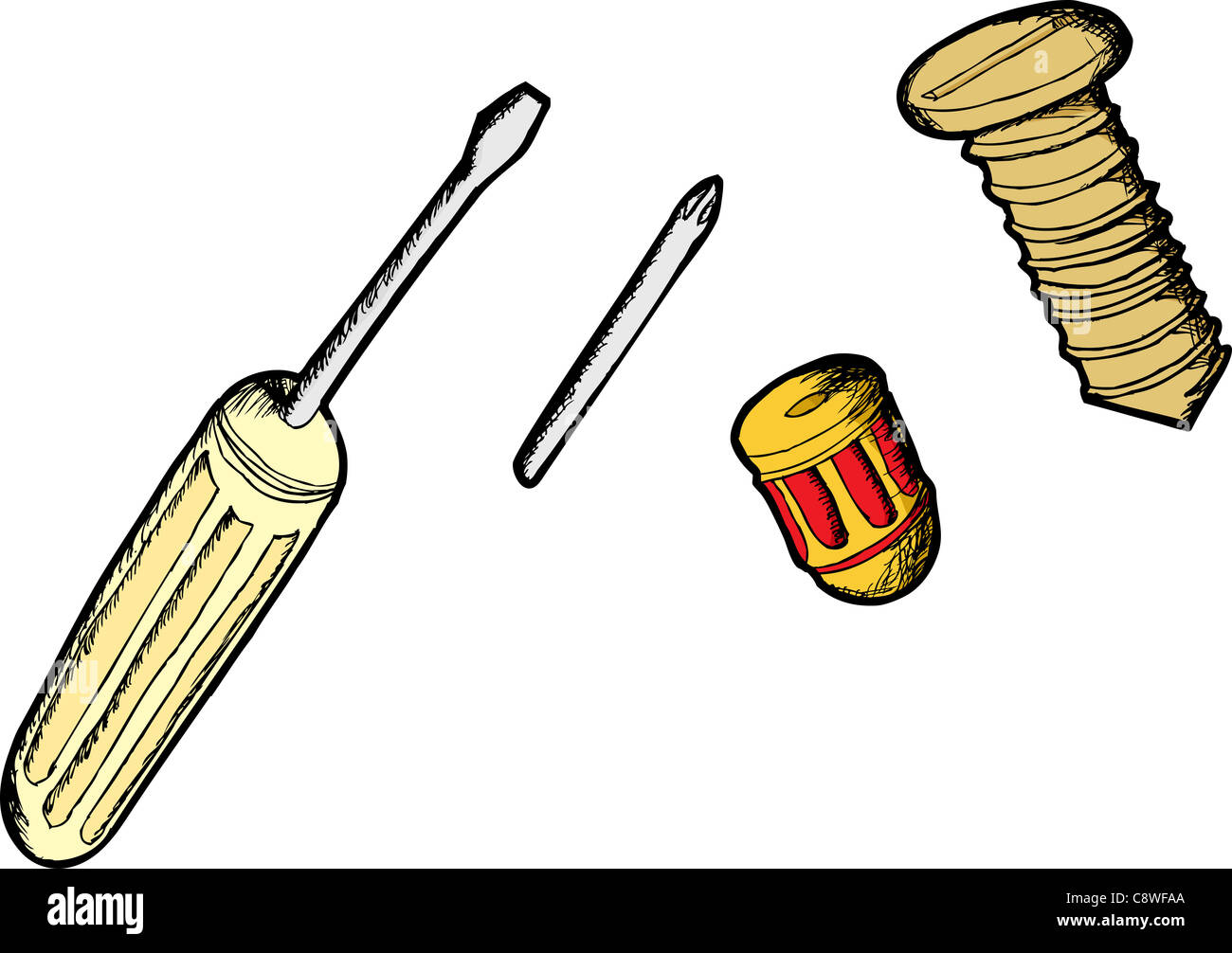 Cartoons of different screwdrivers and a screw over white Stock Photo ...