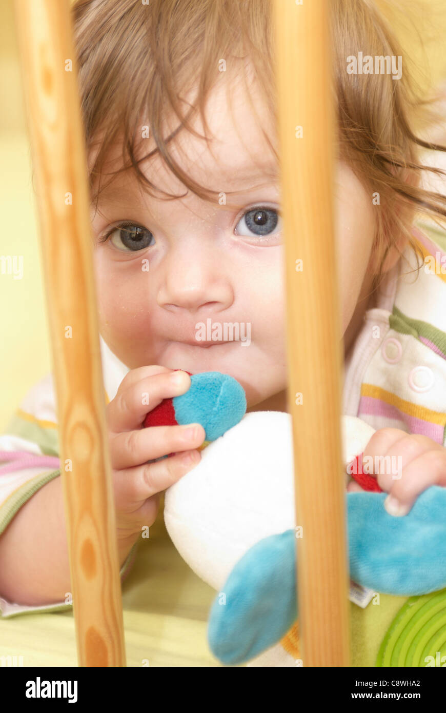 Baby child girl 6-8 months old in crib Stock Photo - Alamy