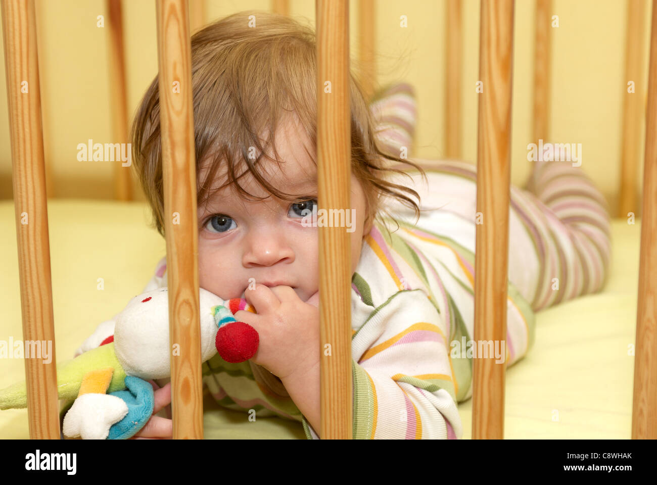 Baby child girl 6-8 months old in crib Stock Photo - Alamy