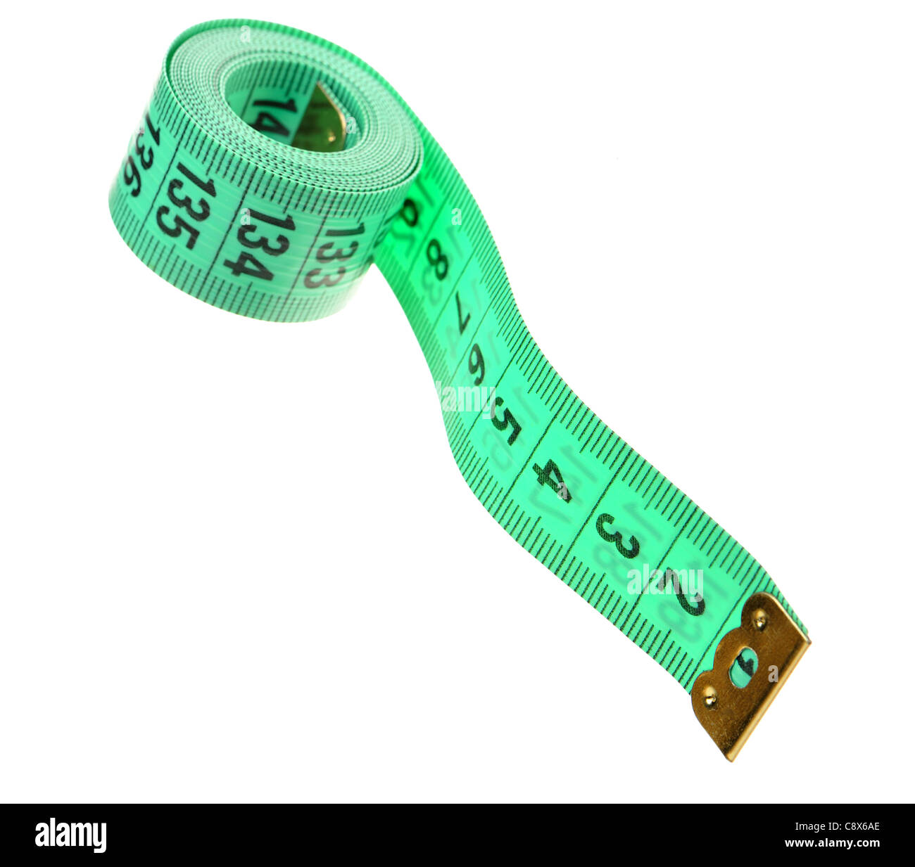 Measuring tape of the tailor green color. It is isolated on a white ...