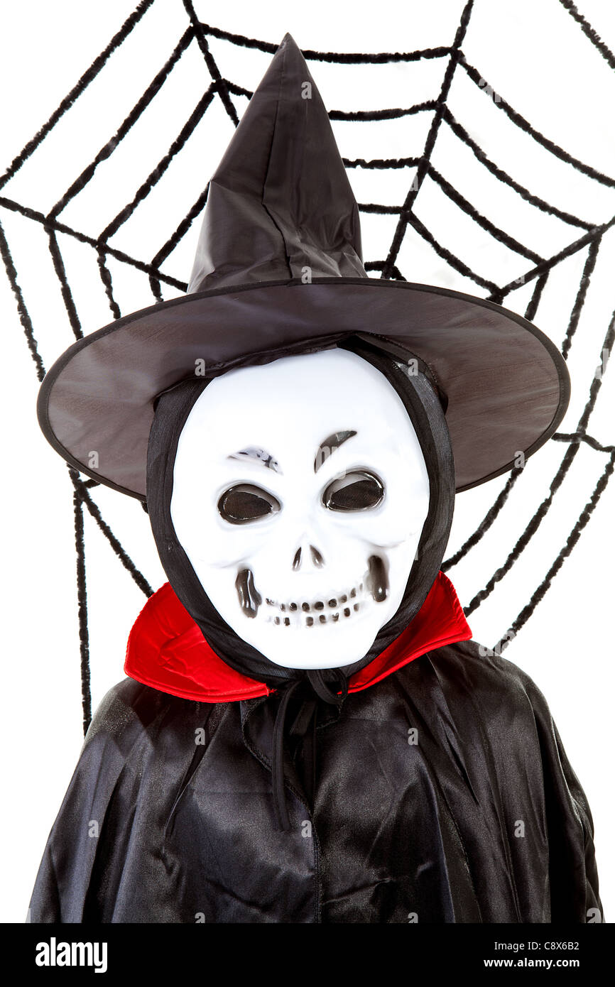 person with scary skull mask for Halloween over white background Stock ...